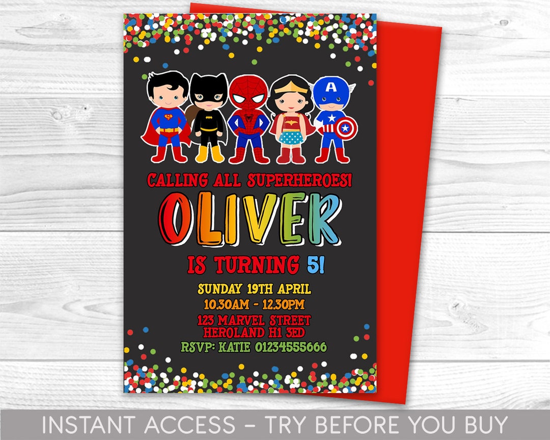 Superhero Invitation, Personalised Invite, Printable, Digital File ...
