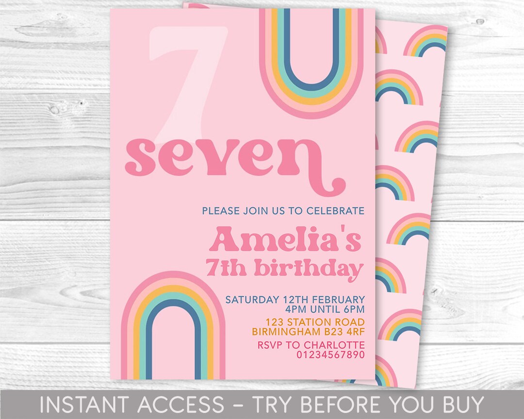 Editable 7th Birthday Invitation Template Rainbow Pink Birthday Invite ...