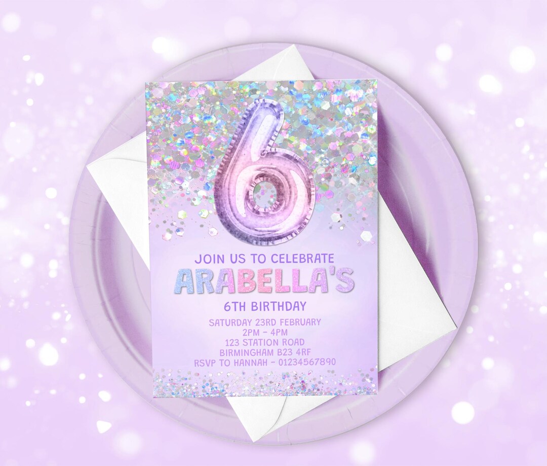 Editable 6th Birthday Invitation Template Rainbow Lilac Glitter ...