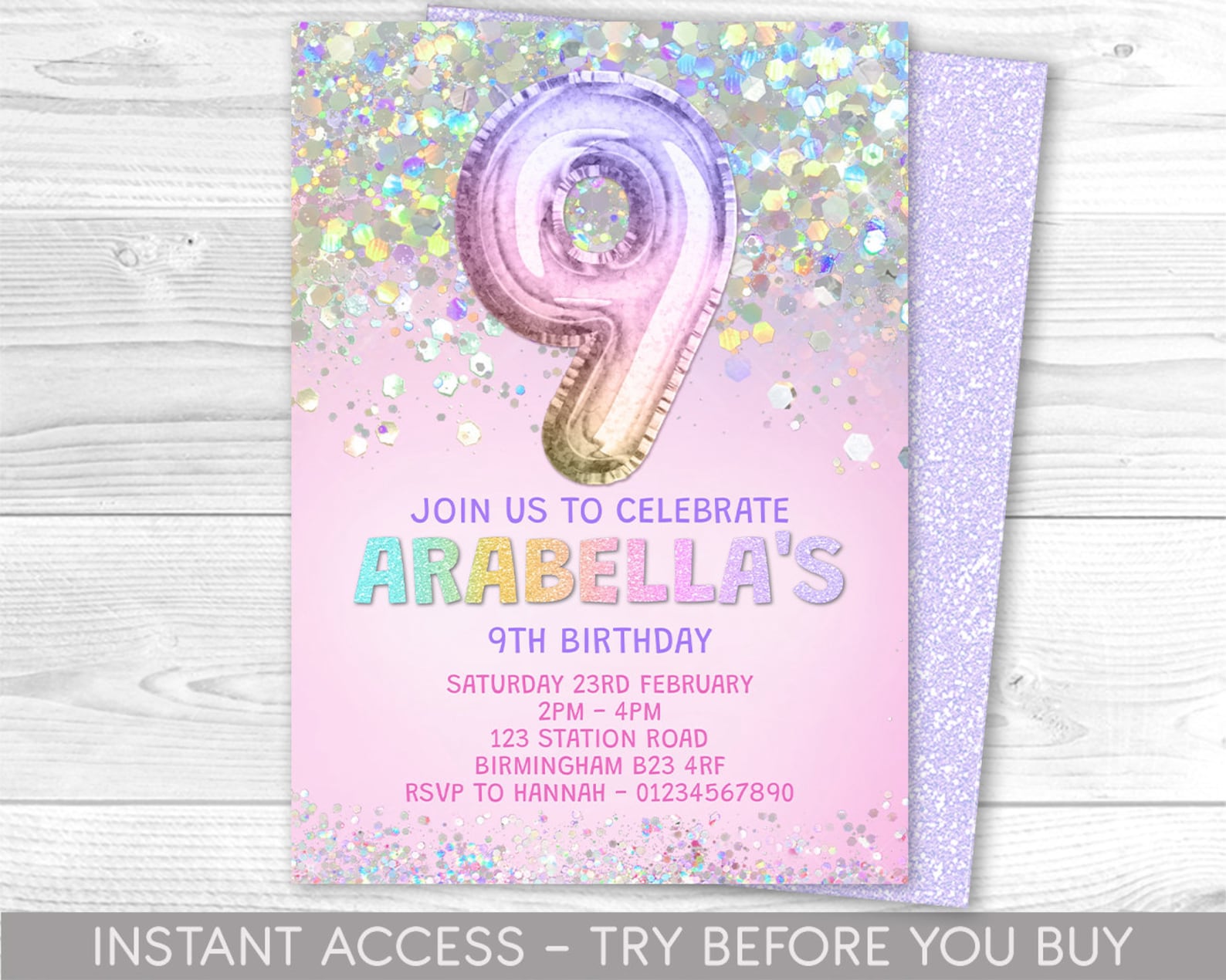 Editable 9th Birthday Invitation Template Rainbow Glitter - Etsy