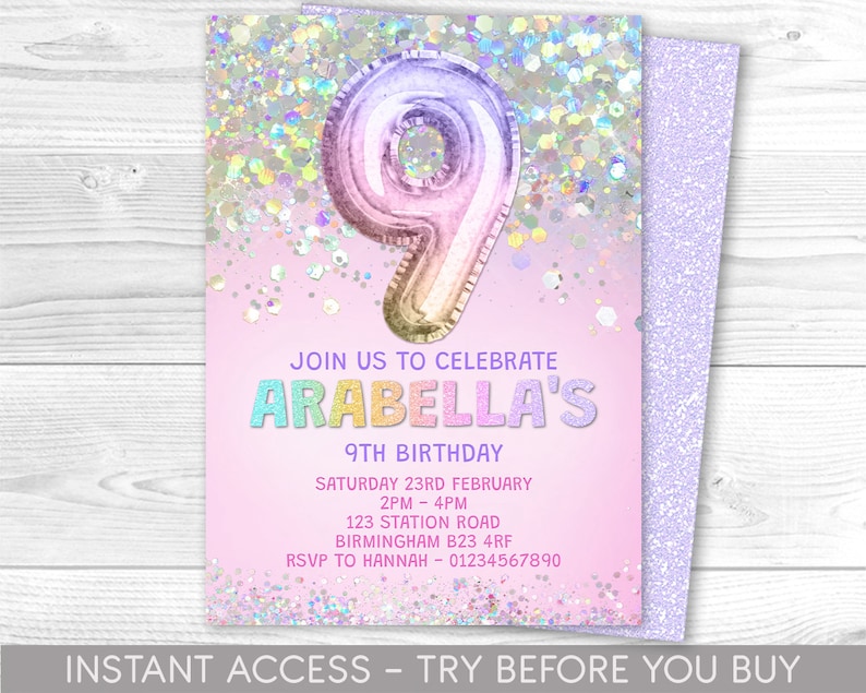 Editable 9th Birthday Invitation Template Rainbow Glitter - Etsy