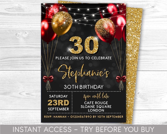 30th Birthday Invitation Editable 30th Invite Red Black Gold - Etsy