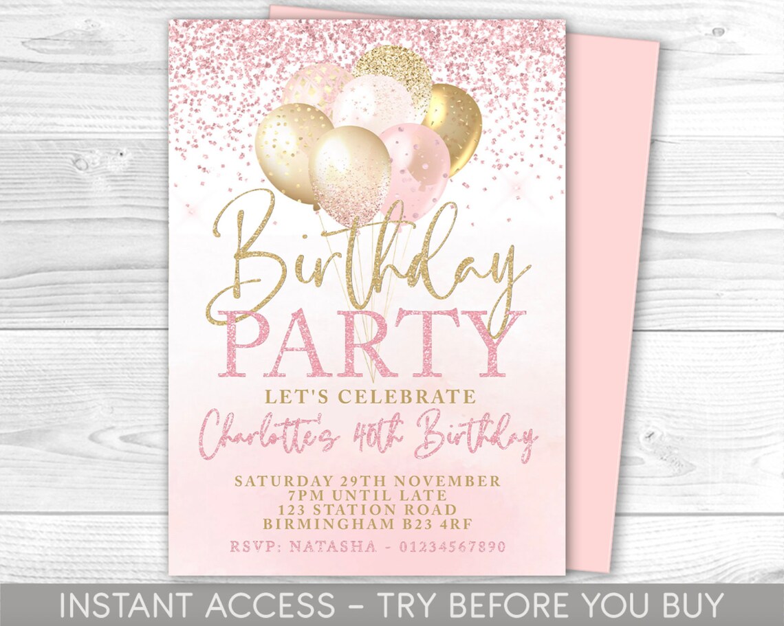 Pink and Gold Birthday Invitation, Editable Party Invite, Pink and Gold ...