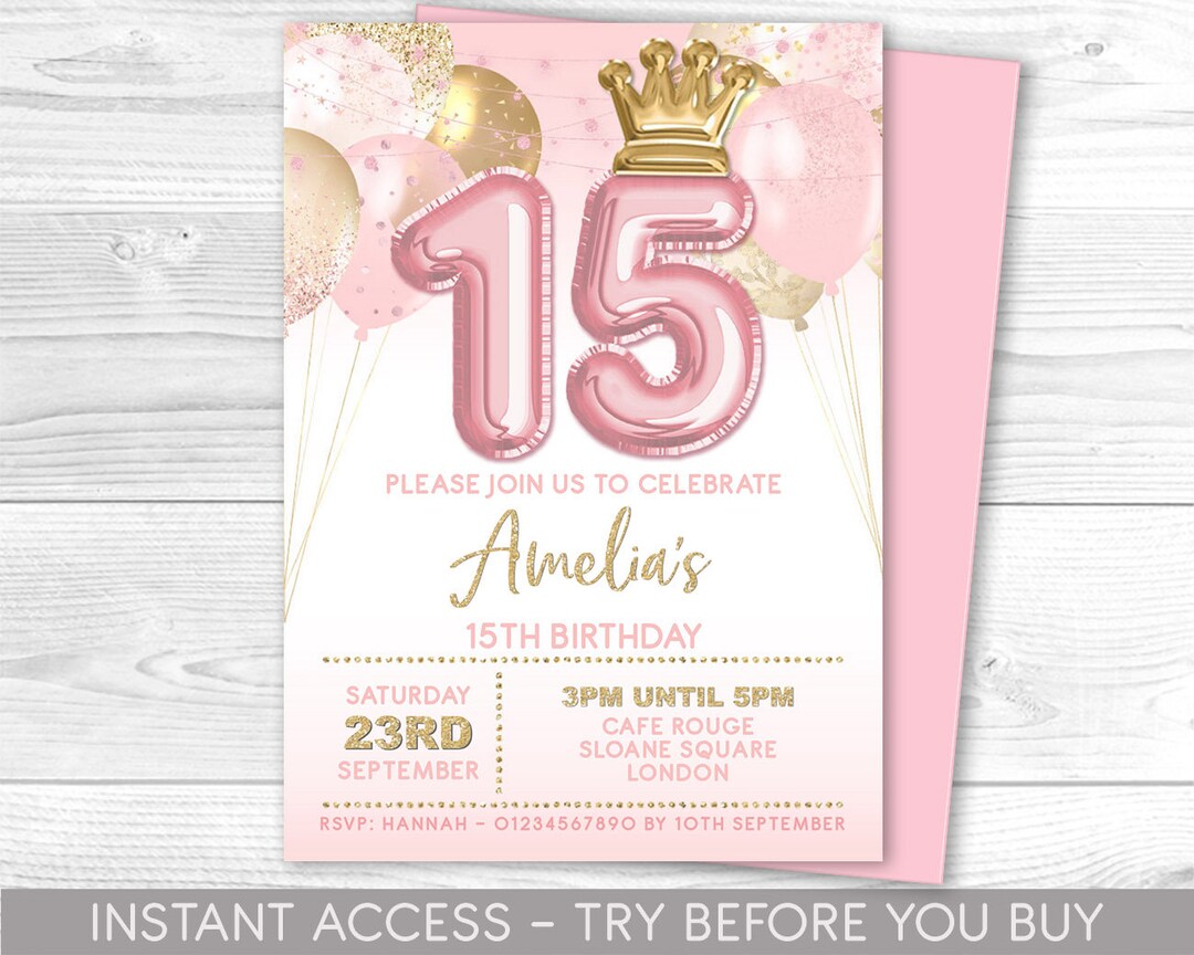 15th Birthday Invitation, Pink Princess Crown Birthday Invite, Princess ...
