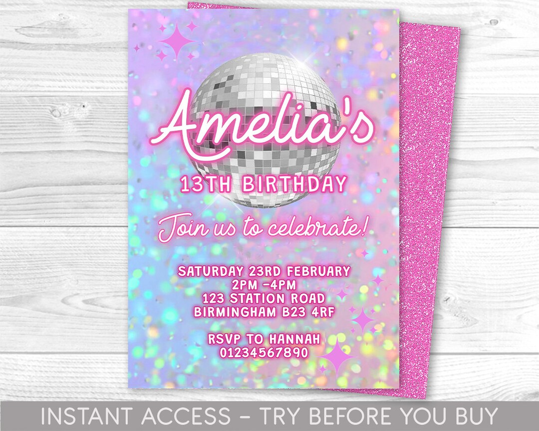 Disco Party Invitation, Personalised, Printable, Digital File, Pink ...