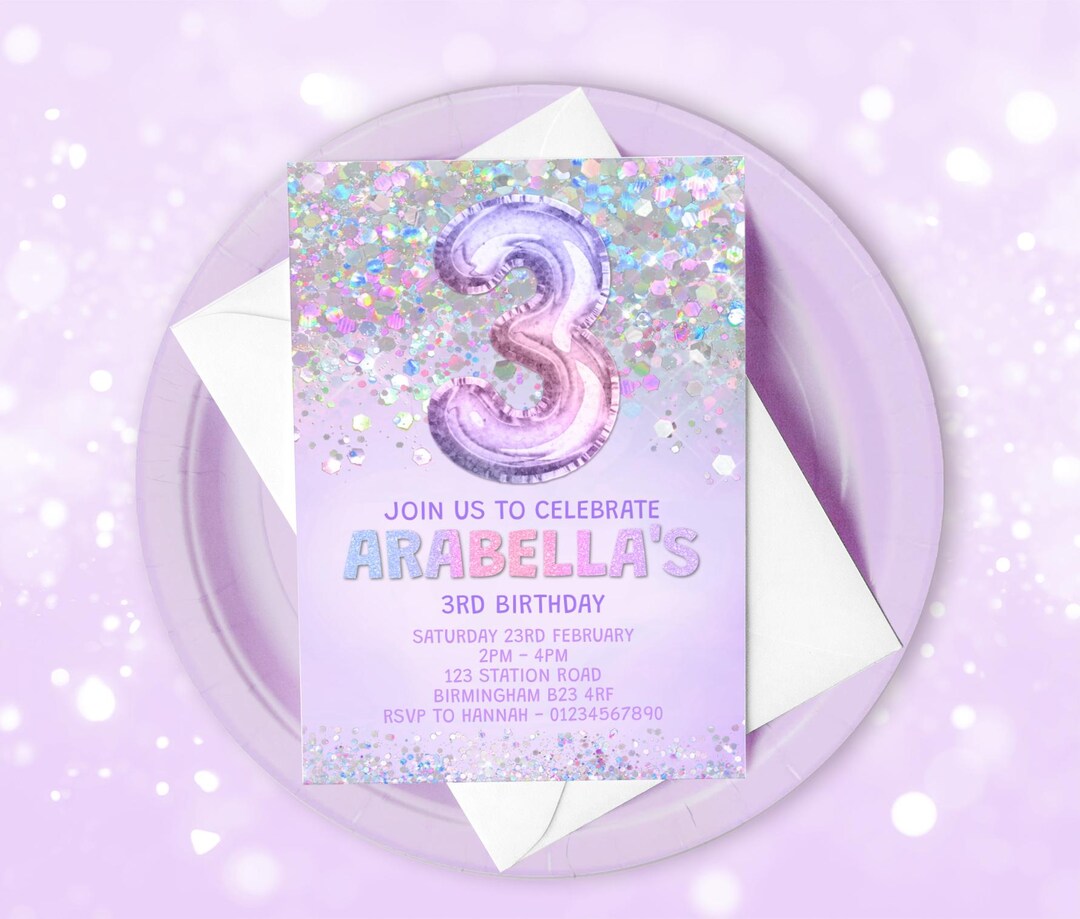 Editable 3rd Birthday Invitation Template Rainbow Lilac Glitter ...