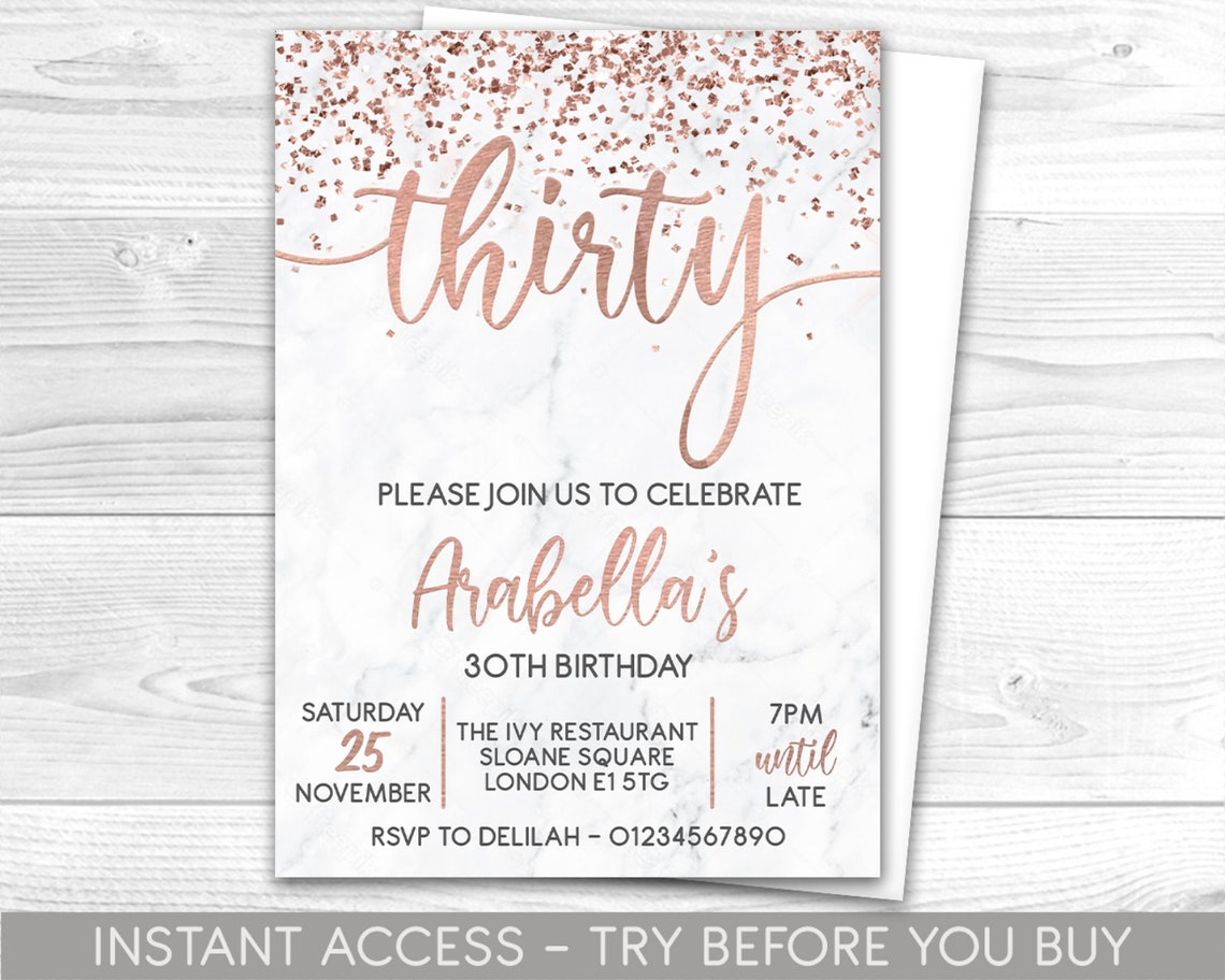 30th Birthday Invitation Editable 30th Invite Marble Rose | Etsy