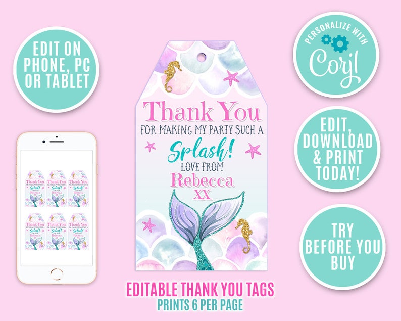 Editable Mermaid Thank You Tags Favor Tags Mermaid Birthday Girls Pool ...