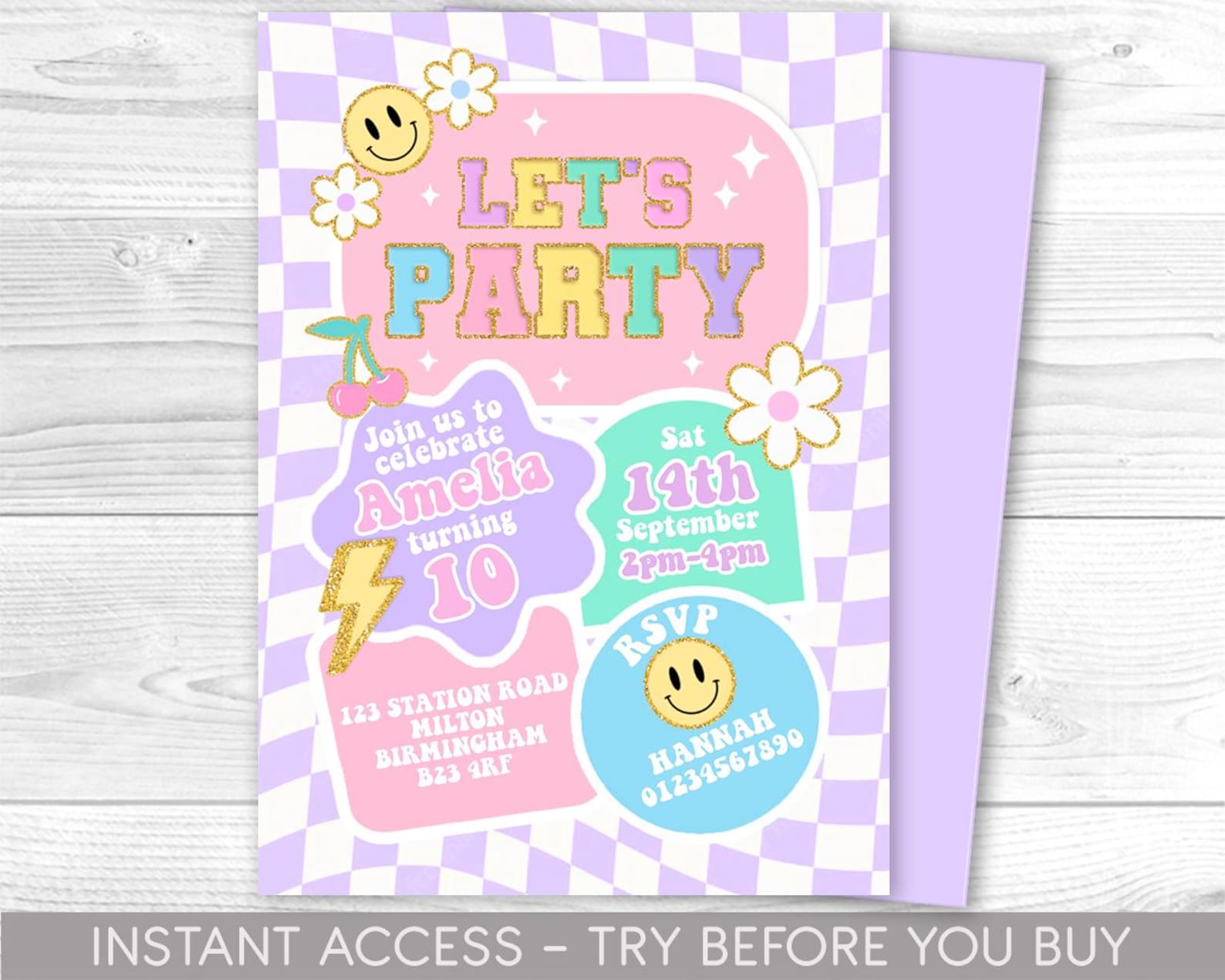 Editable Preppy Let's Celebrate Smile Face Birthday Invitation Template ...