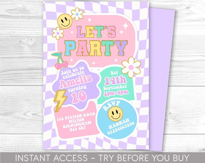 Editable Preppy Let's Celebrate Smile Face Birthday Invitation Template ...