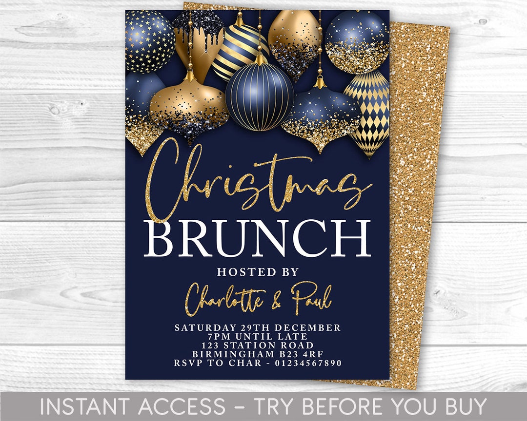 Christmas Brunch Invitation Adult Christmas Cocktail Party Navy Gold ...