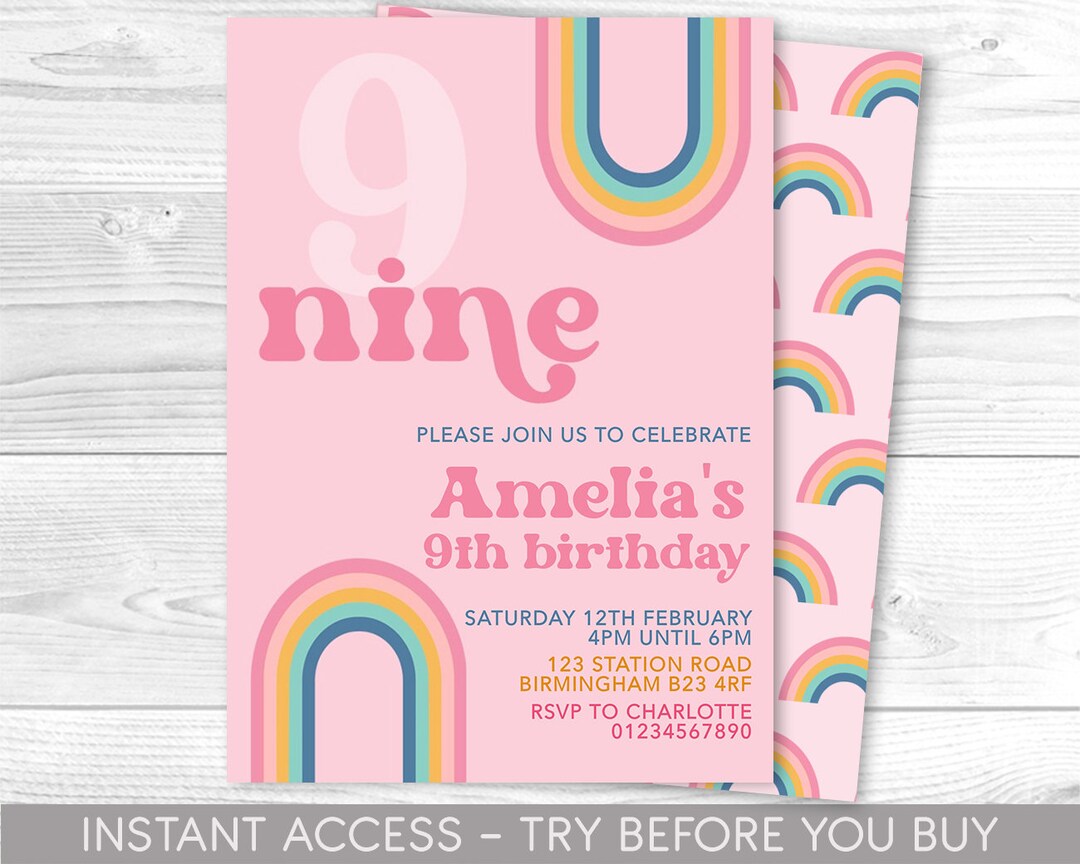 Editable 9th Birthday Invitation Template Rainbow Pink Birthday Invite ...
