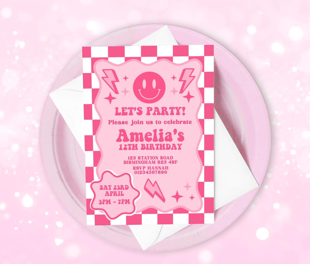 Editable Preppy Let's Celebrate Smile Face Birthday Invitation Template ...