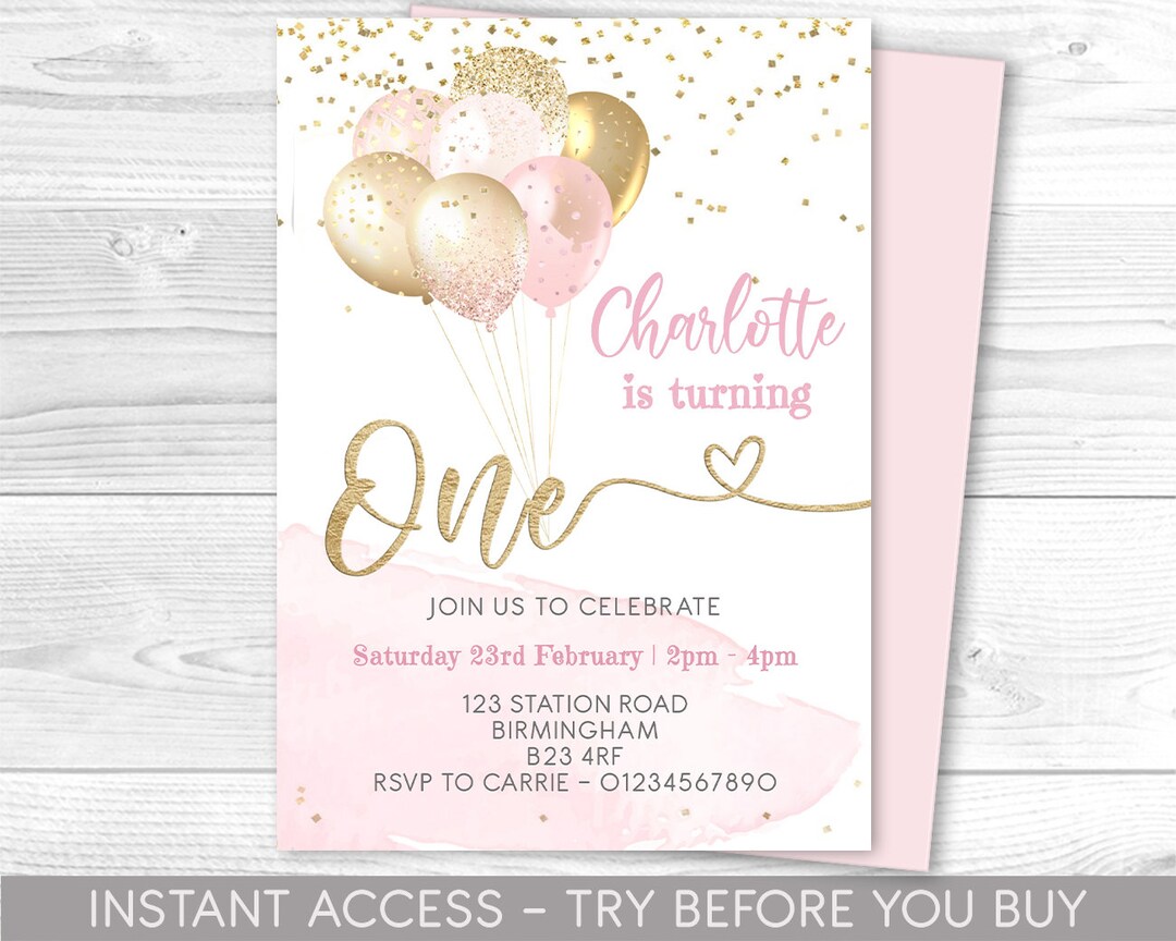 First Birthday Invitation, Pink and Gold Balloons, Editable Party ...