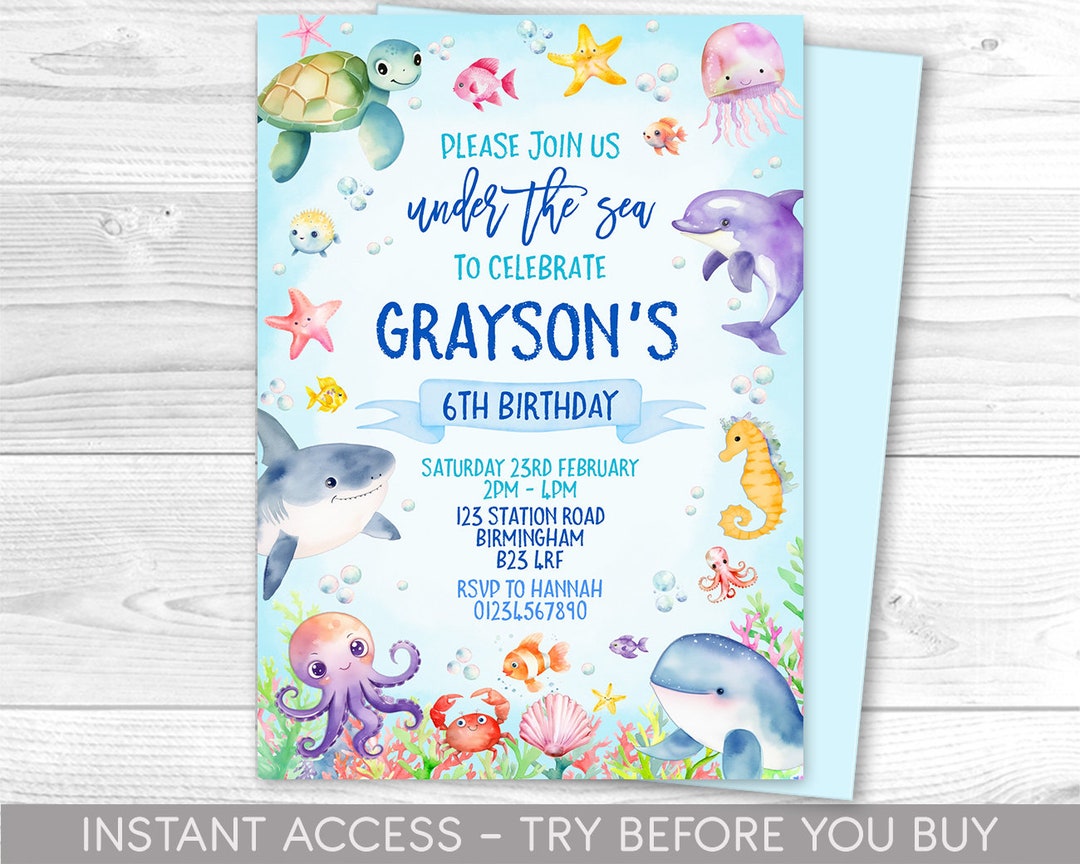 Under the Sea Birthday Invitation, Editable Ocean Sea Creatures Party ...