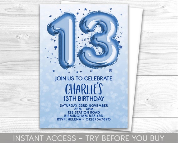 13th Birthday Invitation Editable 13th Invite Blue Boys | Etsy