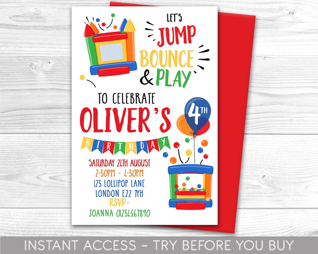 Jump Bounce Play Invitation Jump Birthday Invitation Party Bounce House ...