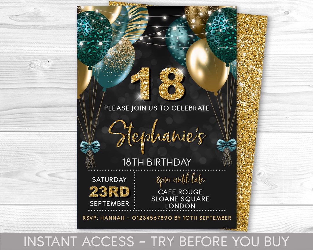 18th Birthday Invitation Editable 18th Invite Teal Green Gold ...