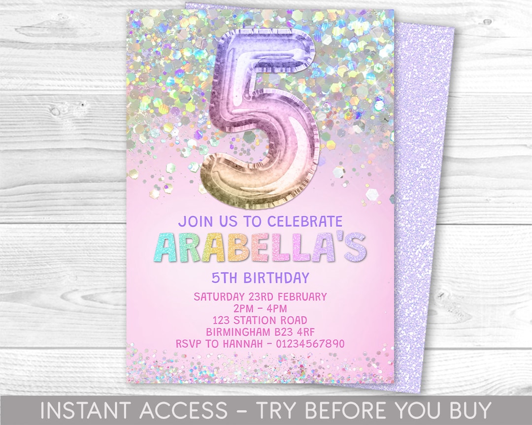 Editable 5th Birthday Invitation Template Rainbow Glitter Birthday ...