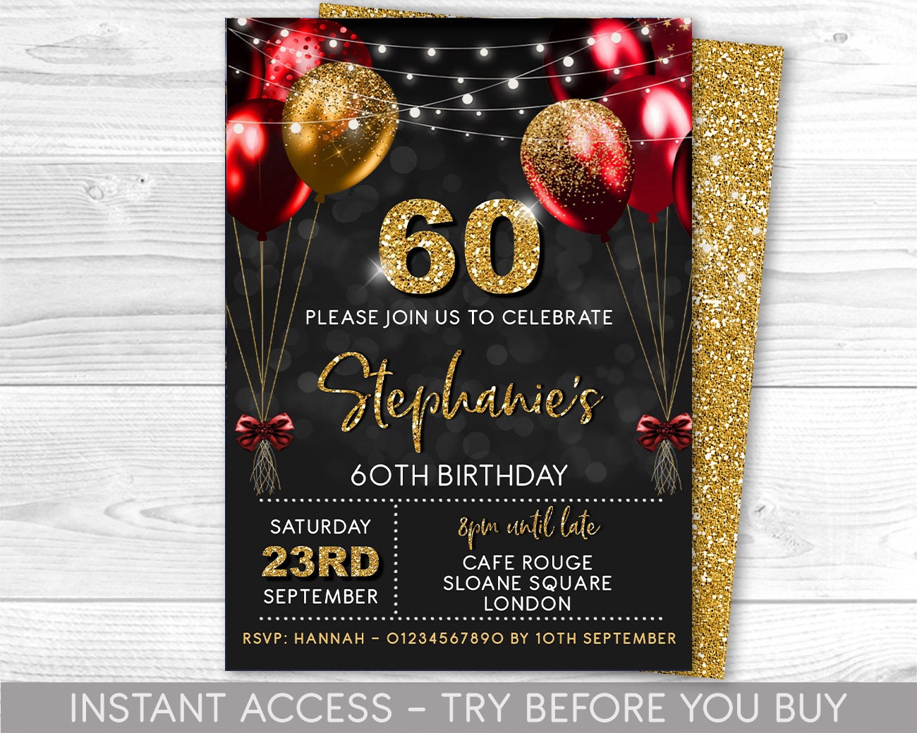 60th Birthday Invitation Editable 60th Invite Red Black Gold Invitation ...