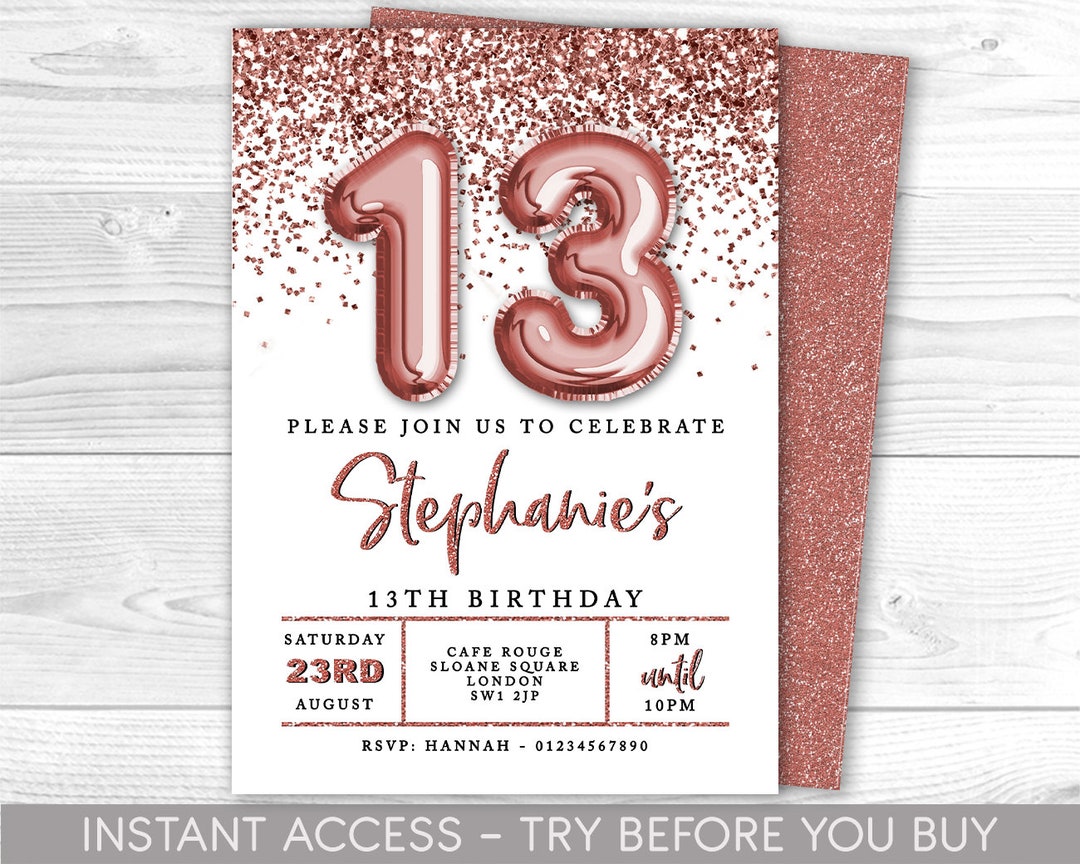 13th Birthday Invitation Editable 13th Invite, Rose Gold Invitation ...