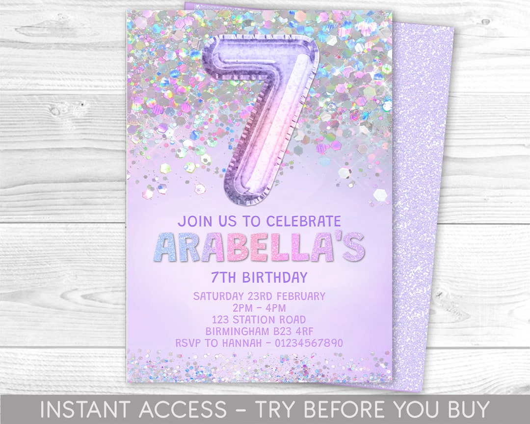 Editable 7th Birthday Invitation Template Rainbow Lilac Glitter ...