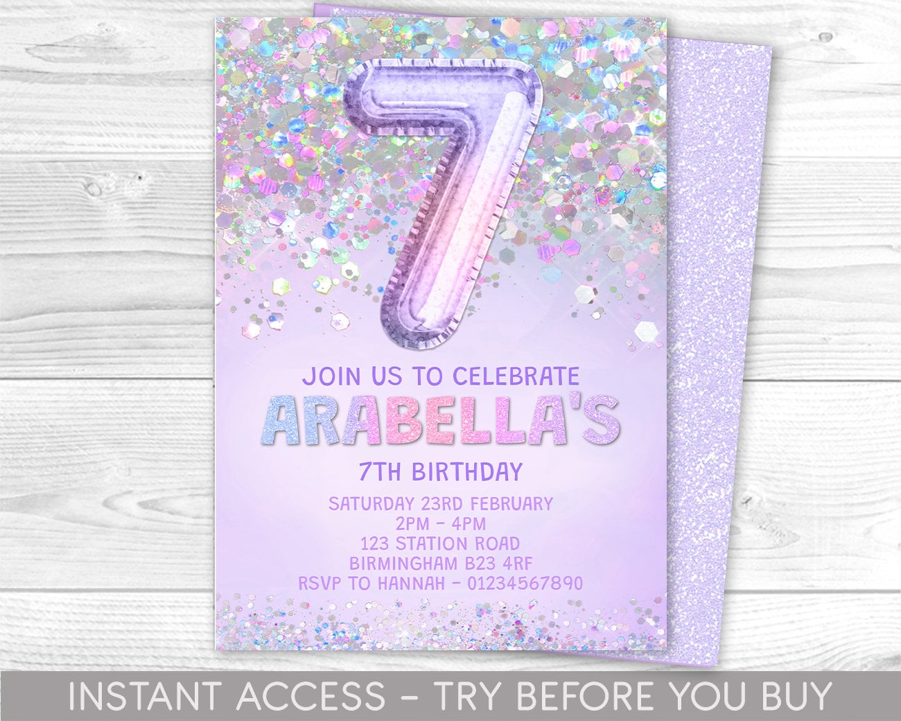 Editable 7th Birthday Invitation Template Rainbow Lilac Glitter ...