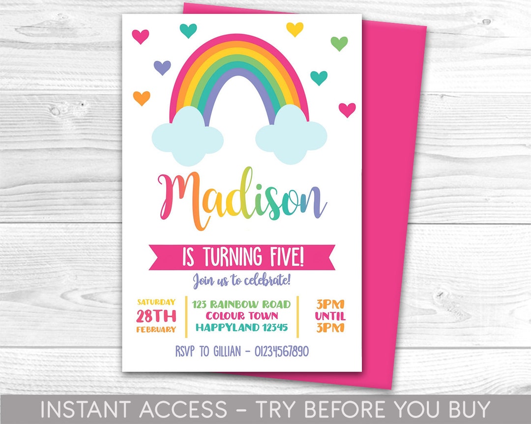 Rainbow Invitation, Personalised, Printable, Digital File, Rainbow ...