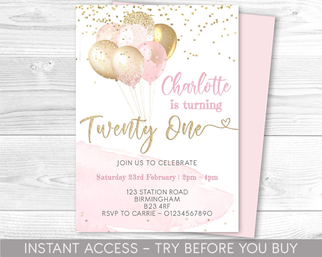 21st Birthday Invitation, Pink and Gold Balloons, Editable Party Invite ...