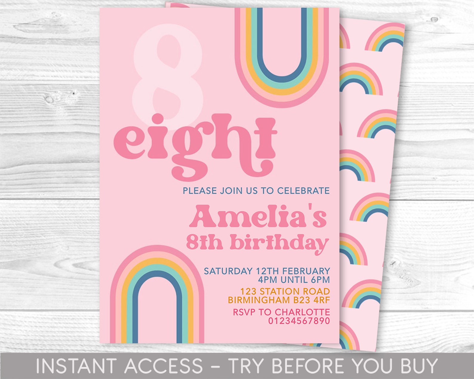Editable 8th Birthday Invitation Template Rainbow Pink Birthday Invite ...