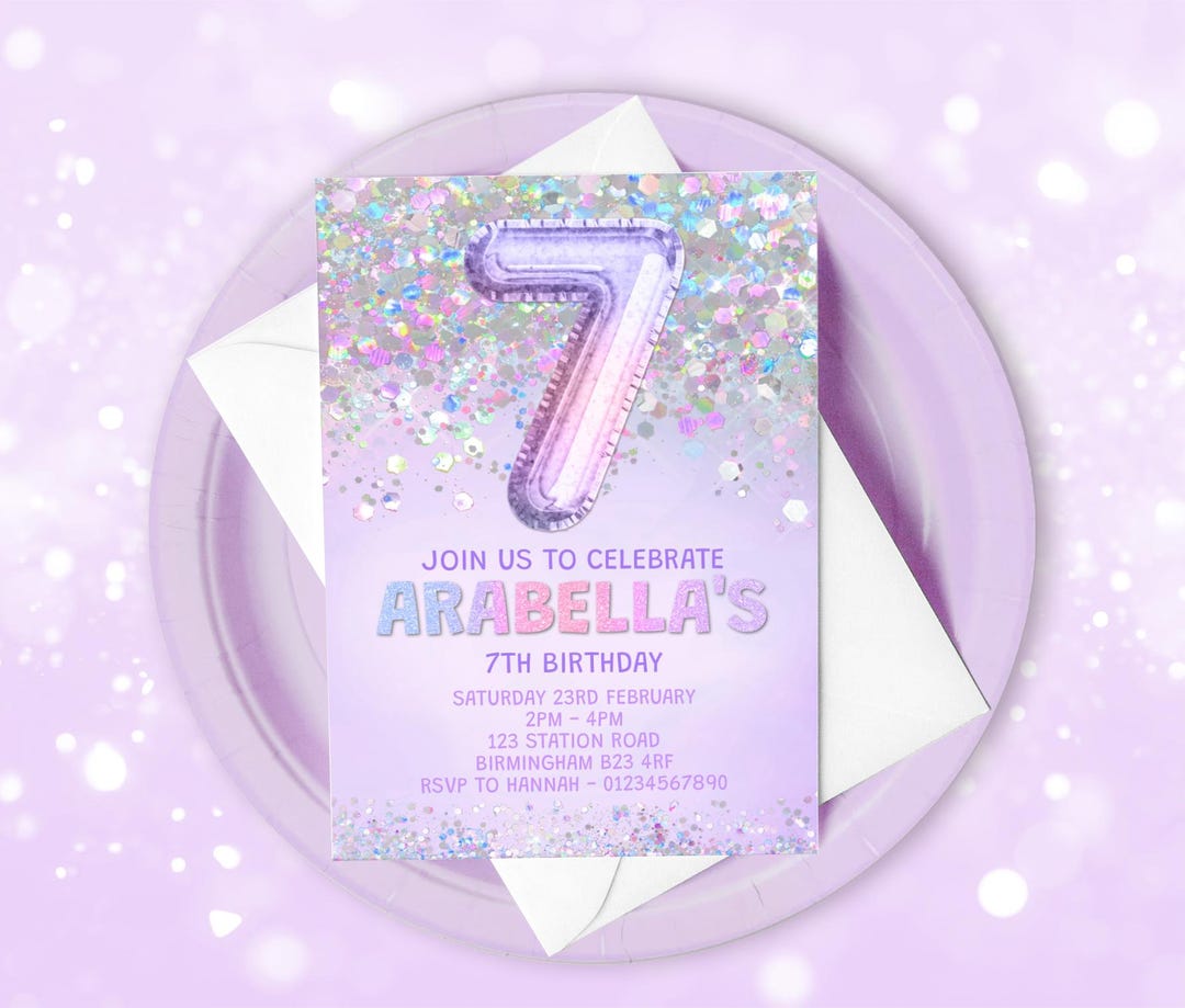 Editable 7th Birthday Invitation Template Rainbow Lilac Glitter ...