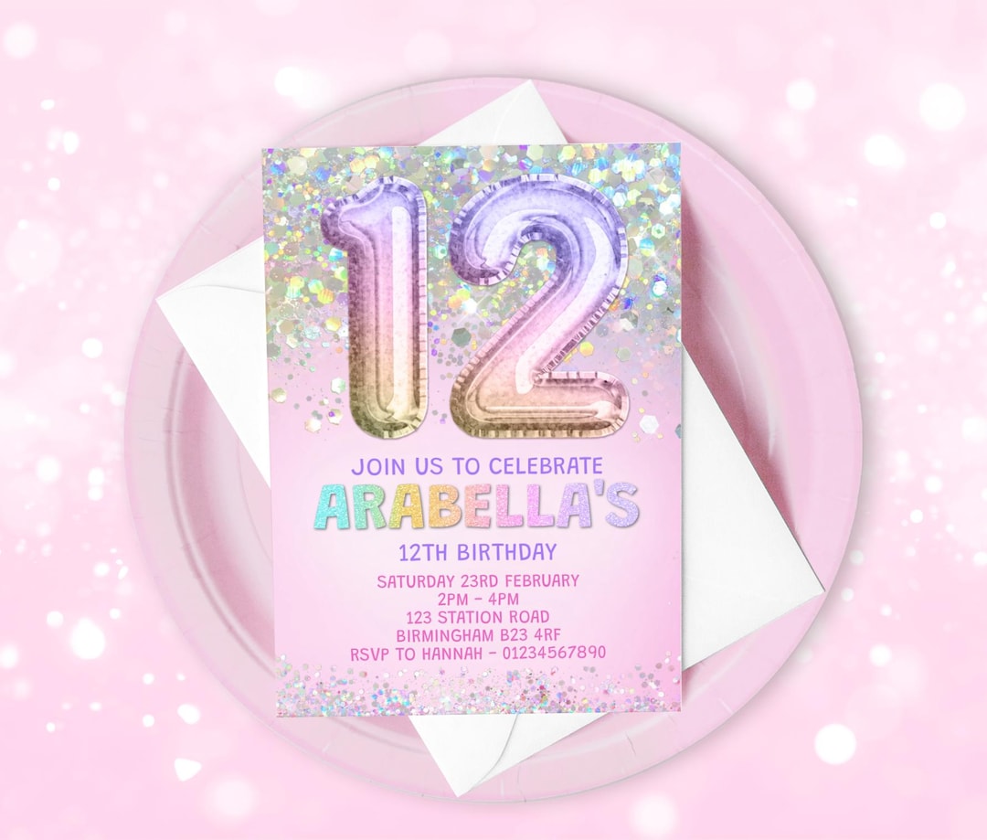 Editable 12th Birthday Invitation Template Rainbow Glitter Birthday ...