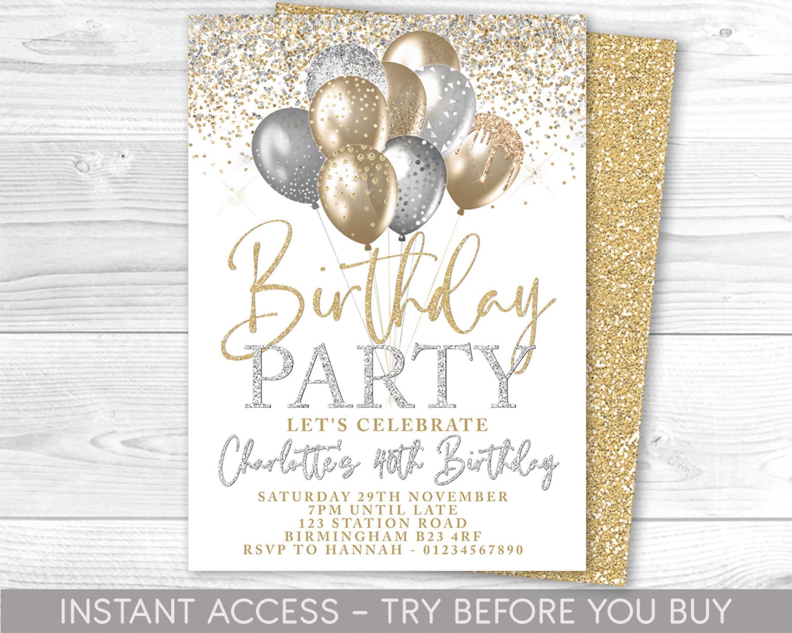 Gold and Silver Birthday Invitation, Editable Party Invite, Silver and ...