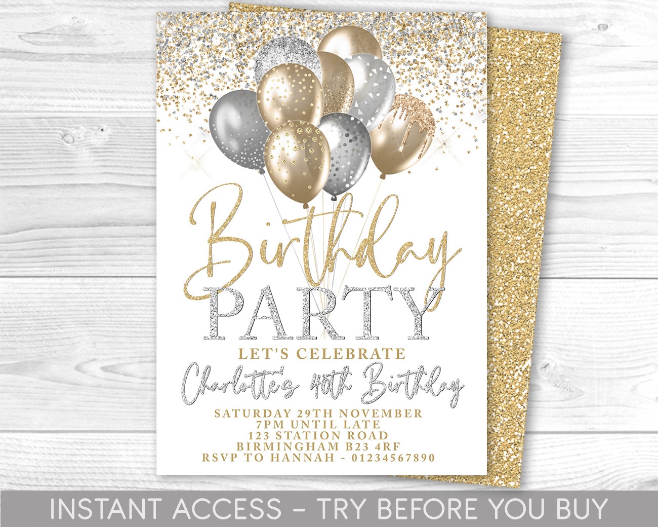 Gold and Silver Birthday Invitation, Editable Party Invite, Silver and ...