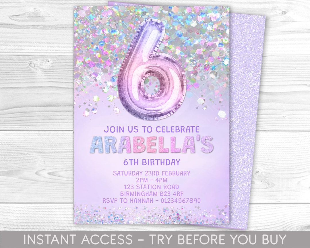 Editable 6th Birthday Invitation Template Rainbow Lilac Glitter ...