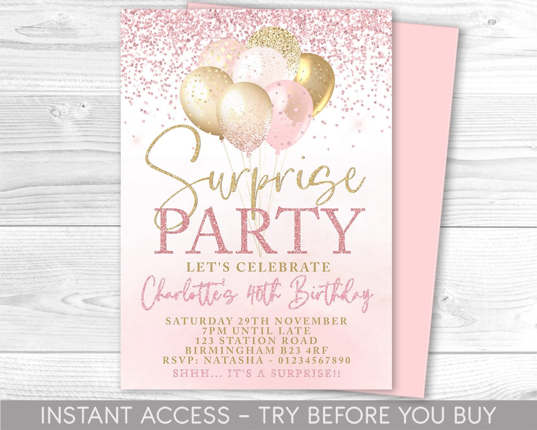 Pink And Gold Surprise Birthday Invitation Editable Party Invite Pink