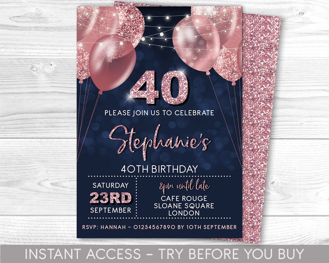 40th Birthday Invitation Editable 40th Invite Navy Rose Gold Invitation ...