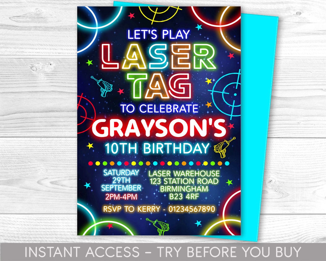 Editable Laser Tag Birthday Invitation - Laser Tag Game Party Invite ...