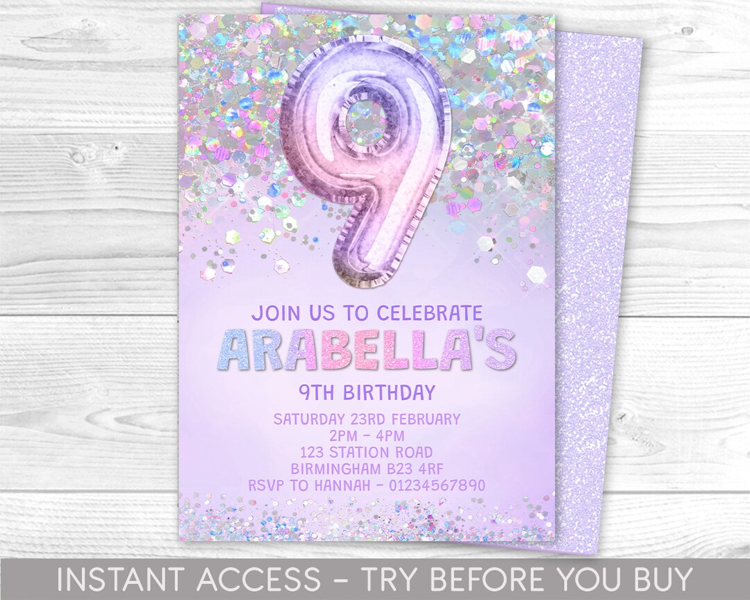 Editable 9th Birthday Invitation Template Rainbow Lilac Glitter ...