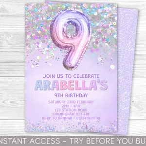 Editable 9th Birthday Invitation Template Rainbow Lilac Glitter ...