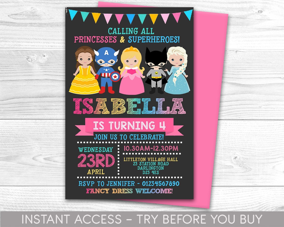 Superhero Princess Invitation, Personalised Invite, Printable, Digital ...