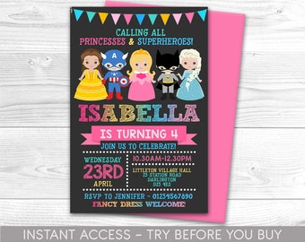 Superhero Princess Invitation Personalised Invite Printable - Etsy