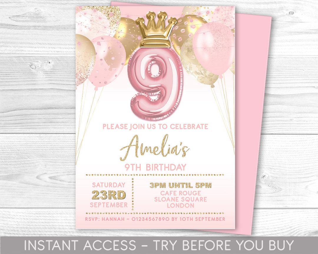 9th Birthday Invitation, Pink Princess Crown Birthday Invite, Princess ...