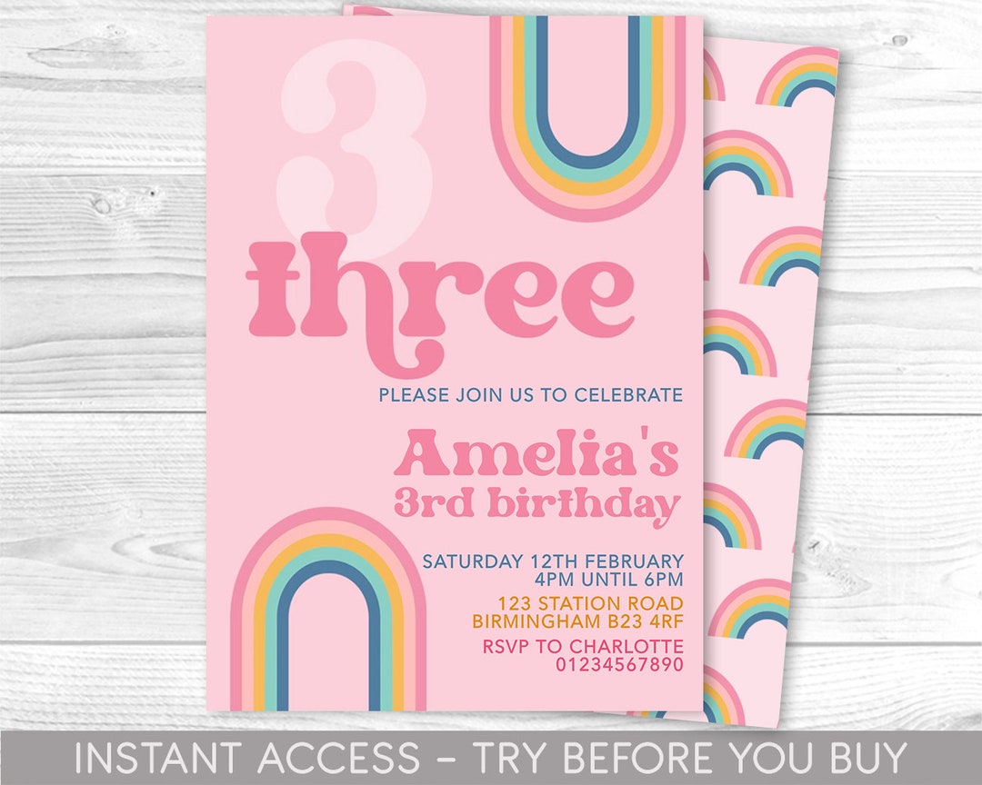 Editable 3rd Birthday Invitation Template Rainbow Pink Birthday Invite ...