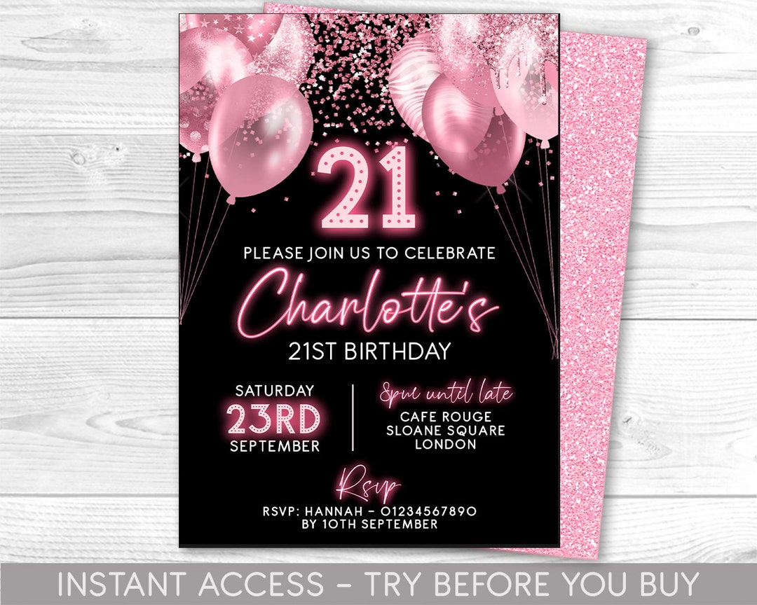 21st Birthday Invitation Editable 21st Invite Pink Neon Black ...