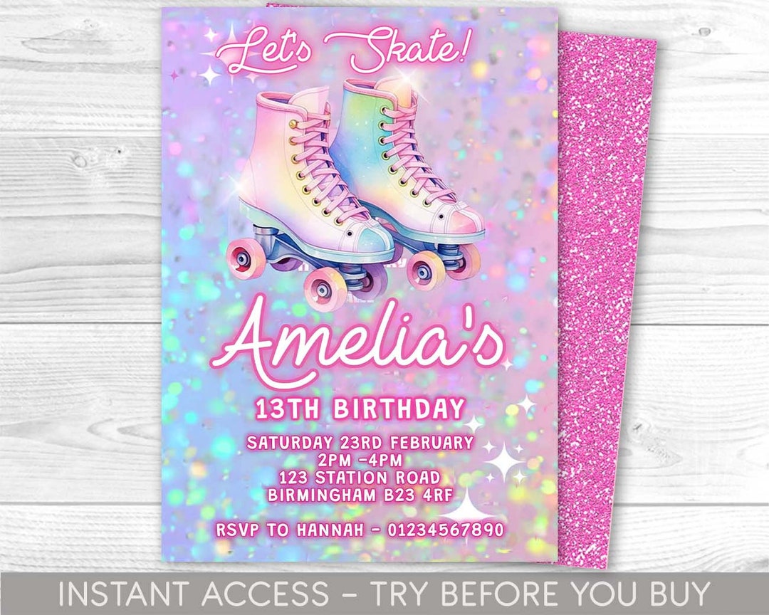 Roller Skating Invitation, Personalised, Printable, Digital File, Lilac ...