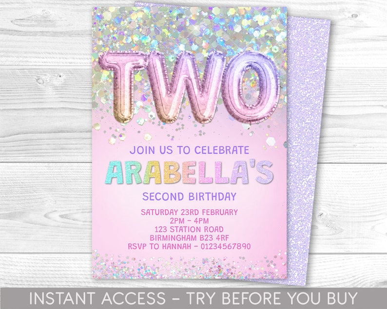 Editable 2nd Birthday Invitation Template Rainbow Glitter - Etsy