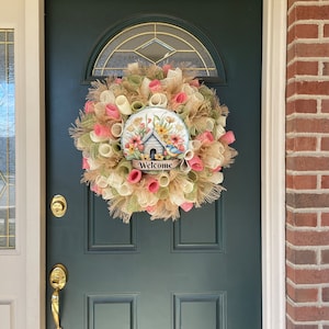 Bird House Wreath for Front Door Summer Porch Decor Floral Burlap Mesh ...