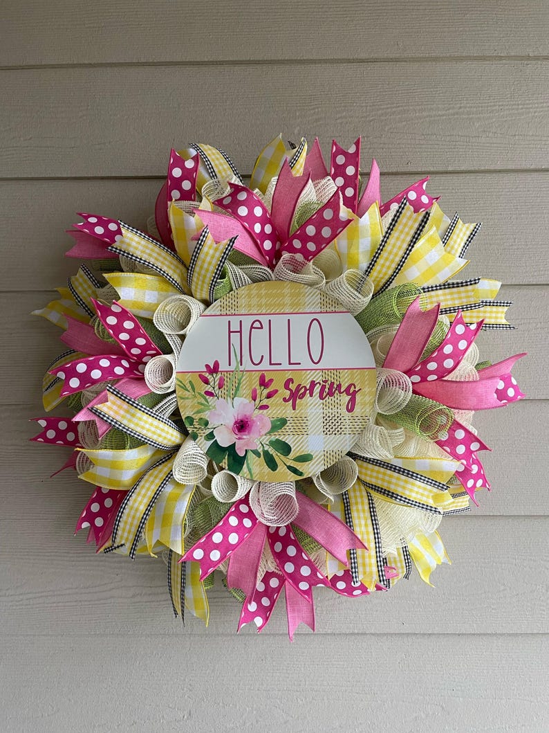 Spring Door Wreath Buffalo Check Spring Farmhouse Country Style Deco ...