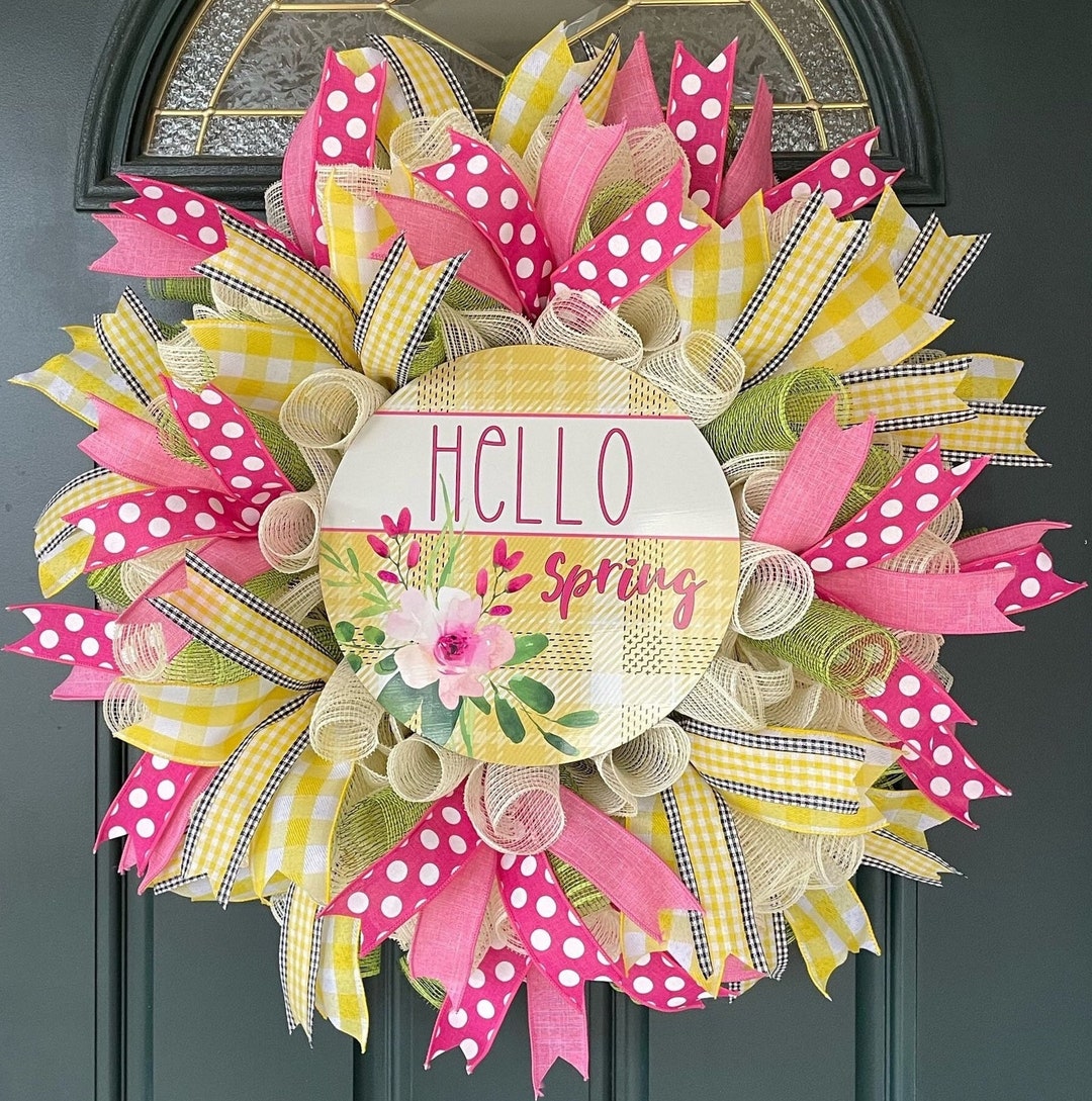 Hello Spring Mesh Wreath for Front Door Easter Pink and Yellow Porch ...